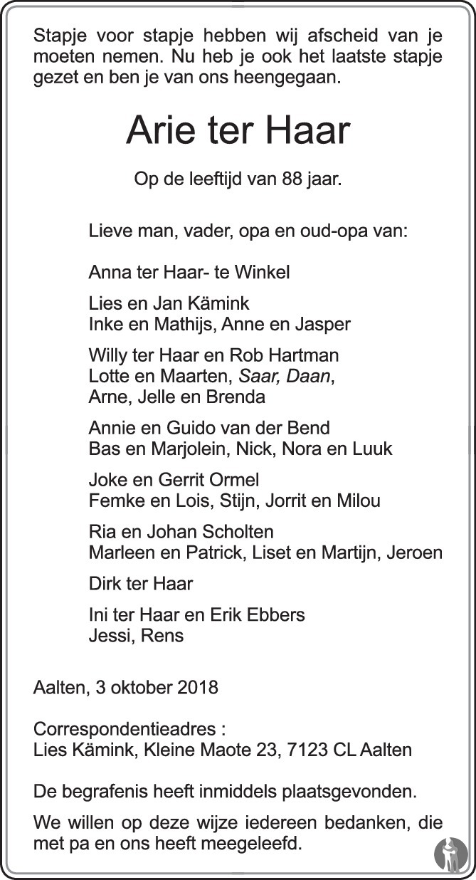 Arie ter Haar 03-10-2018 overlijdensbericht en condoleances - Mensenlinq.nl