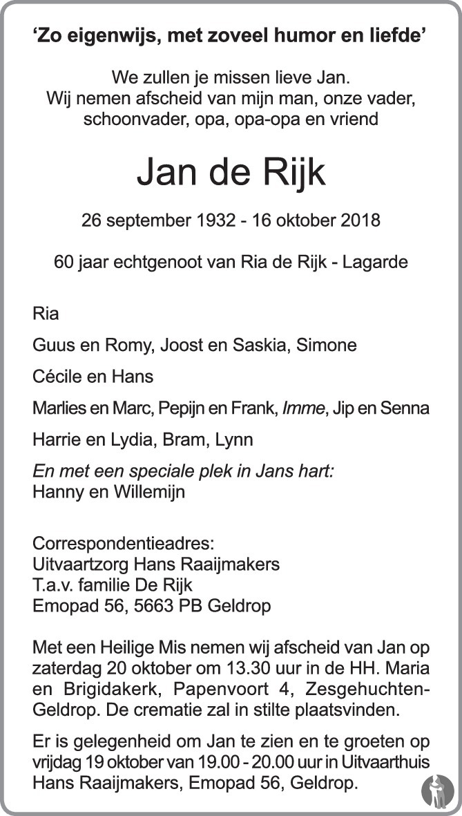 Jan de Rijk 16-10-2018 overlijdensbericht en condoleances - Mensenlinq.nl
