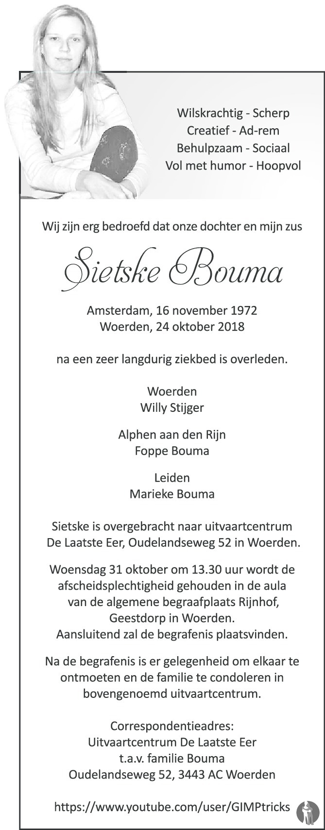 Sietske Bouma 24-10-2018 overlijdensbericht en condoleances - Mensenlinq.nl