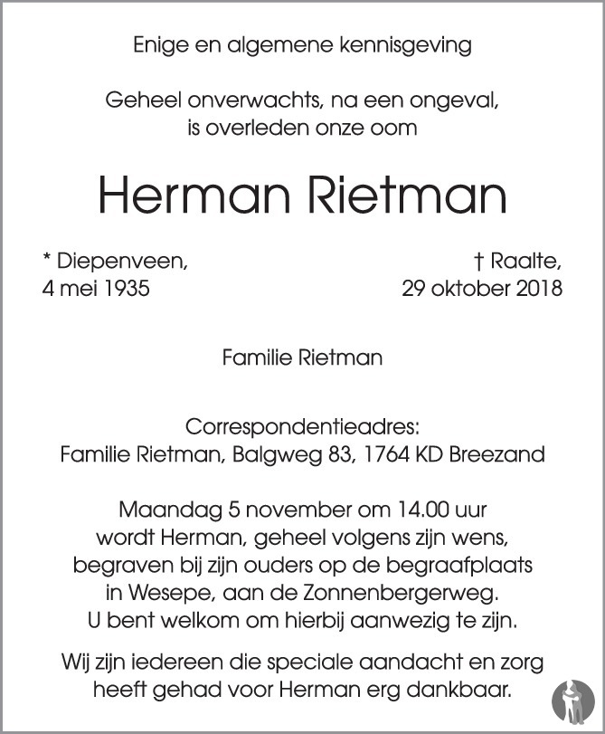 Herman Rietman 29-10-2018 overlijdensbericht en condoleances ...