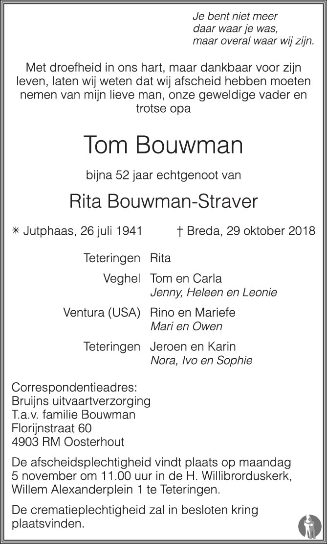 Tom Bouwman 29 10 2018 Overlijdensbericht En Condoleances Mensenlinq Nl