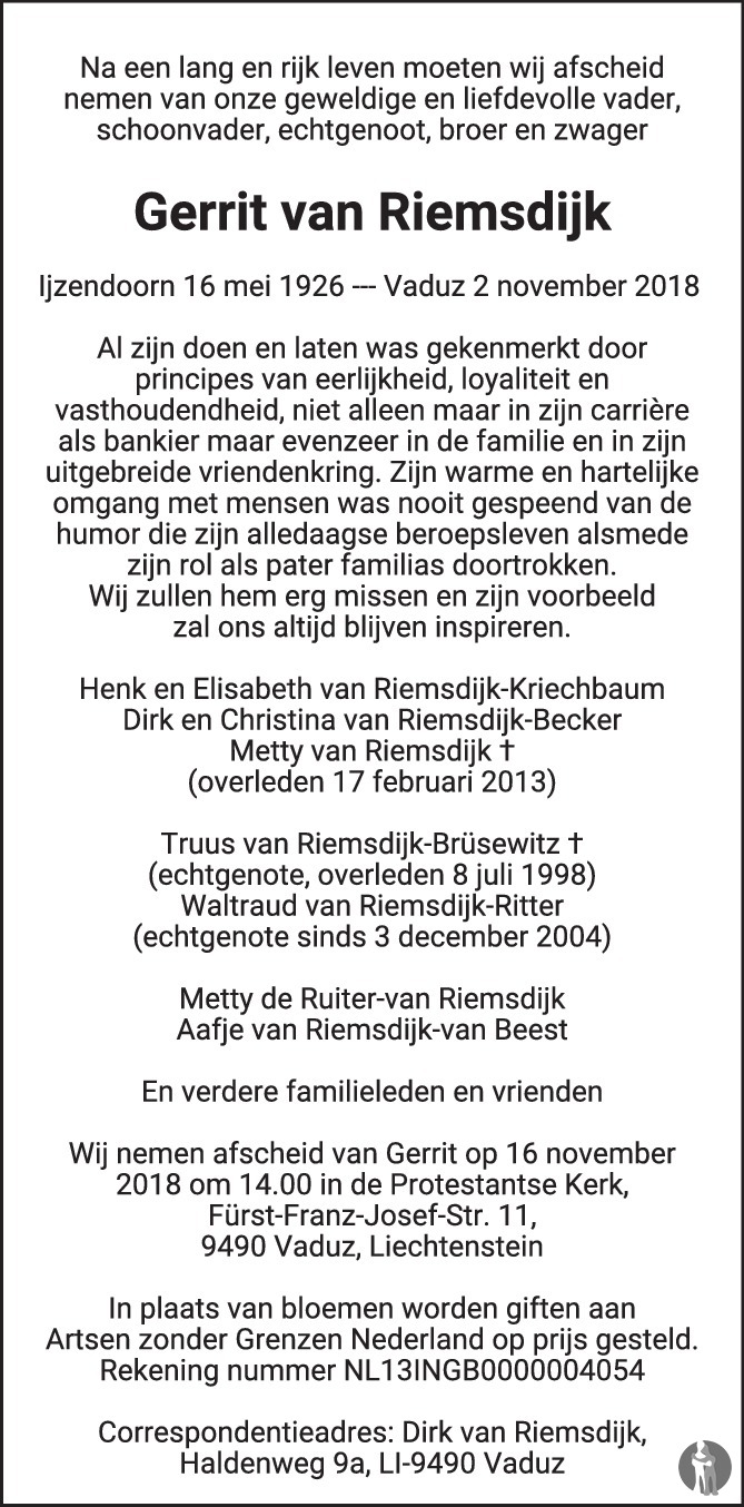 Gerrit van Riemsdijk 02-11-2018 overlijdensbericht en condoleances ...