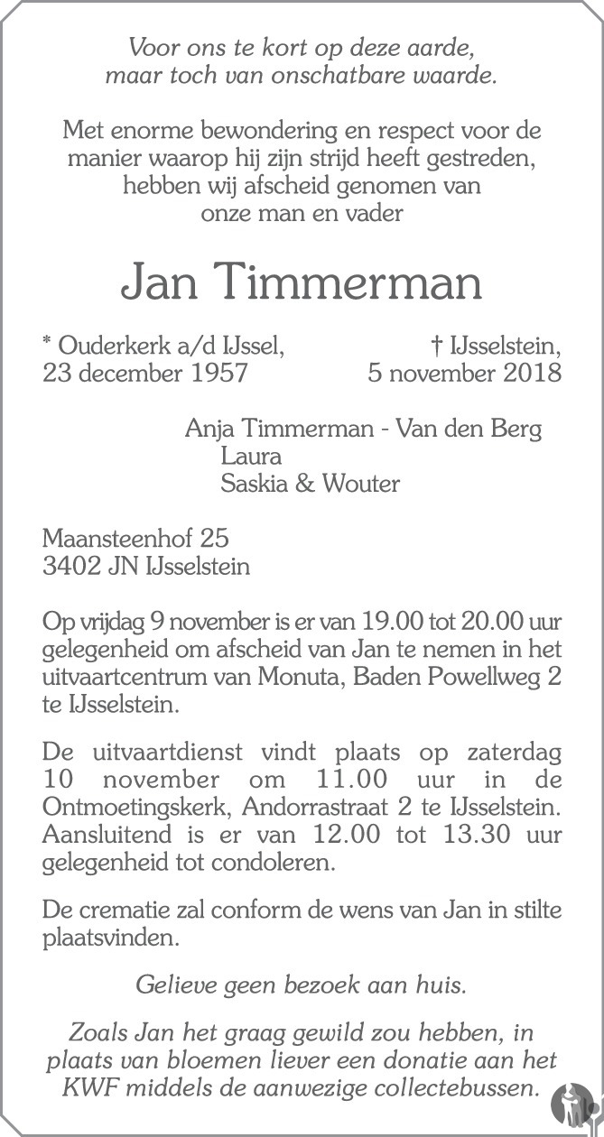 Jan Timmerman 05-11-2018 overlijdensbericht en condoleances - Mensenlinq.nl