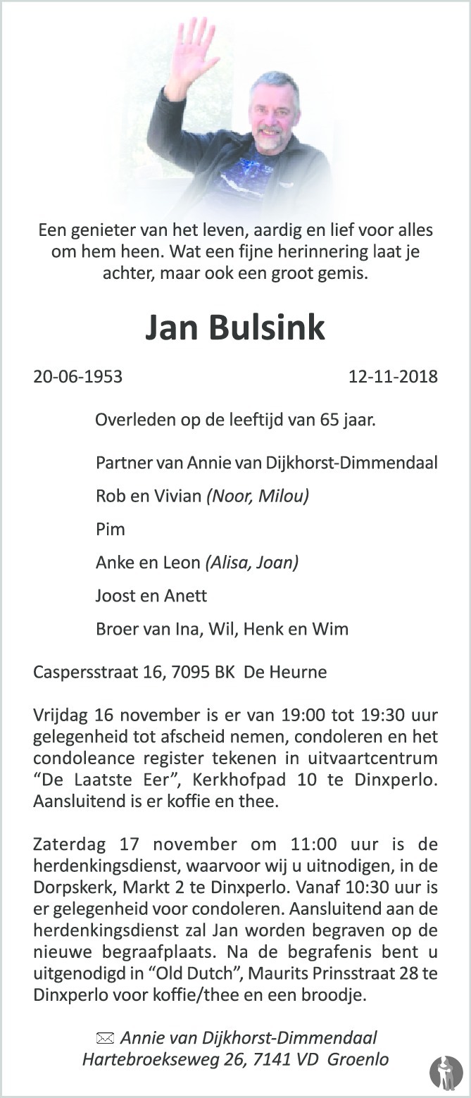 Jan Bulsink 12-11-2018 overlijdensbericht en condoleances - Mensenlinq.nl