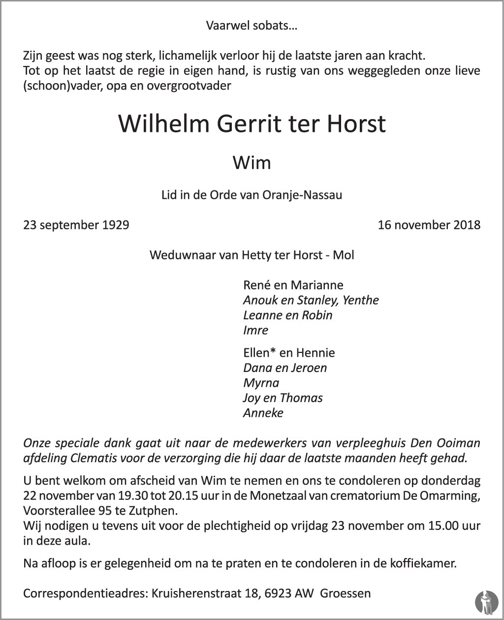 Wilhelm Gerrit (Wim) ter Horst 16-11-2018 overlijdensbericht en ...