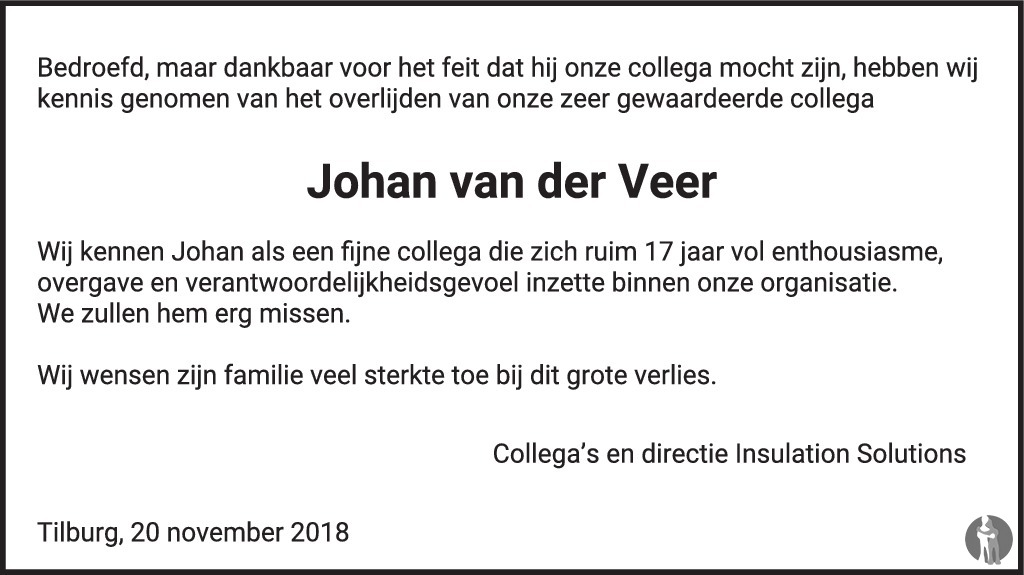 Johan van der Veer 20-11-2018 overlijdensbericht en condoleances ...