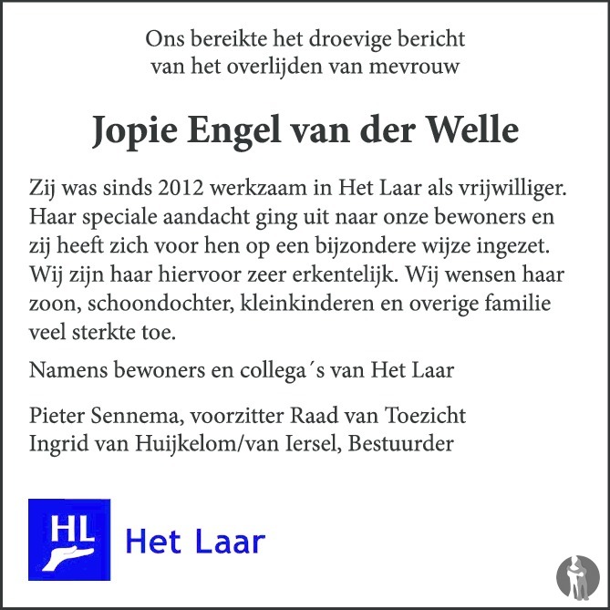 Jopie Engel - van der Welle 23-11-2018 overlijdensbericht en ...