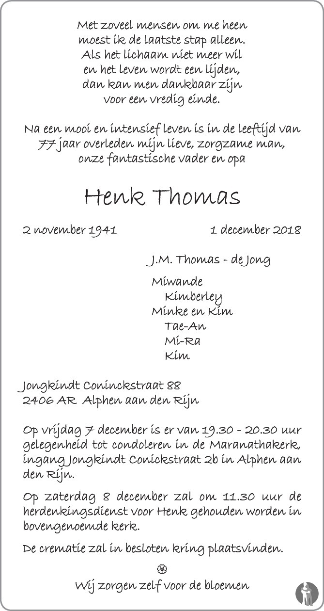 Henk Thomas 01-12-2018 overlijdensbericht en condoleances - Mensenlinq.nl