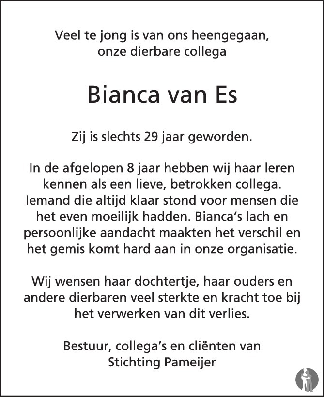 Bianca van Es 10-12-2018 overlijdensbericht en condoleances - Mensenlinq.nl