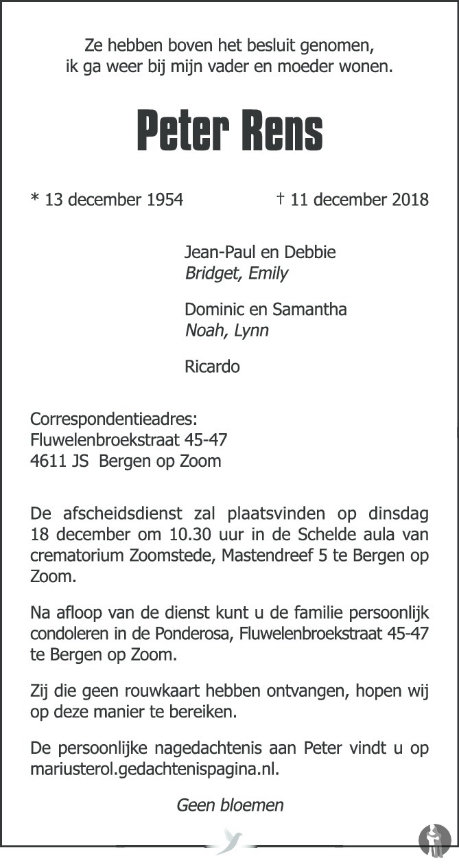 Peter Rens 11-12-2018 overlijdensbericht en condoleances - Mensenlinq.nl
