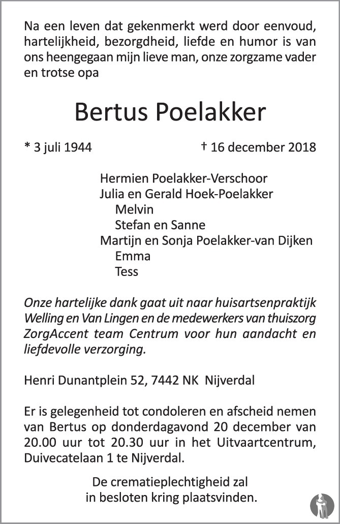 Bertus Poelakker 16-12-2018 overlijdensbericht en condoleances ...