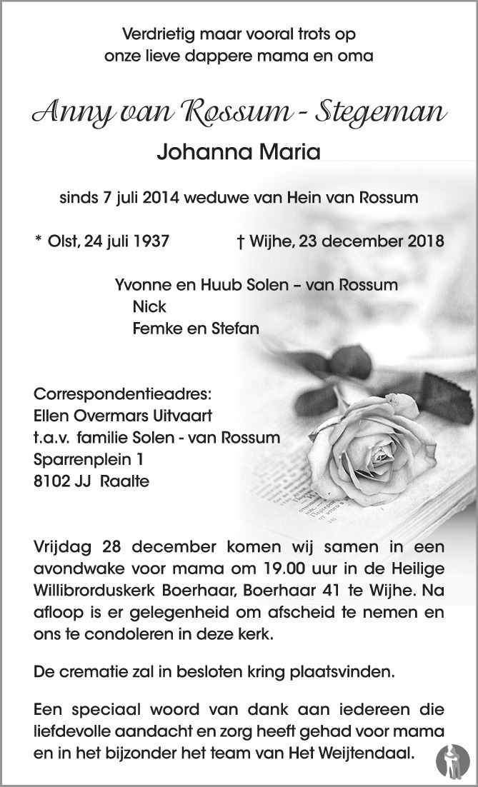 Johanna Maria (Anny) van Rossum - Stegeman 23-12-2018 ...