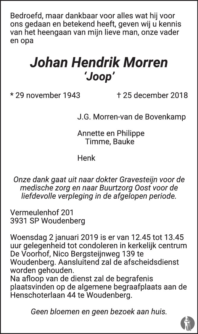 Johan Hendrik (Joop) Morren 25-12-2018 overlijdensbericht en ...