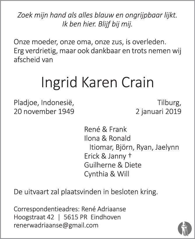 Ingrid Karen Crain 02-01-2019 overlijdensbericht en condoleances ...