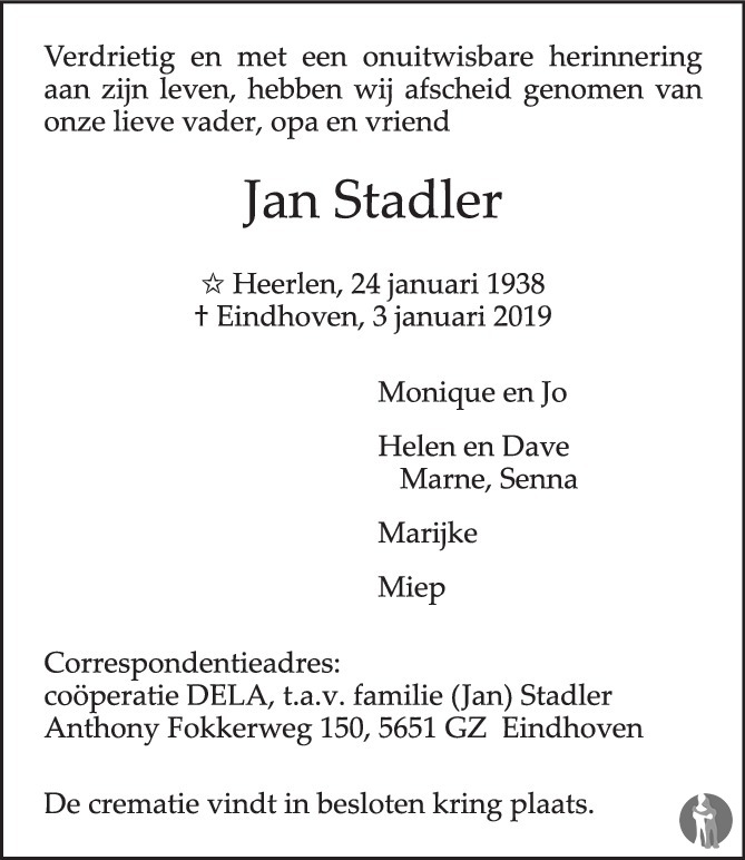 Jan Stadler 03-01-2019 overlijdensbericht en condoleances - Mensenlinq.nl