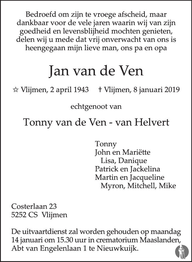 Jan van de Ven 08-01-2019 overlijdensbericht en condoleances ...