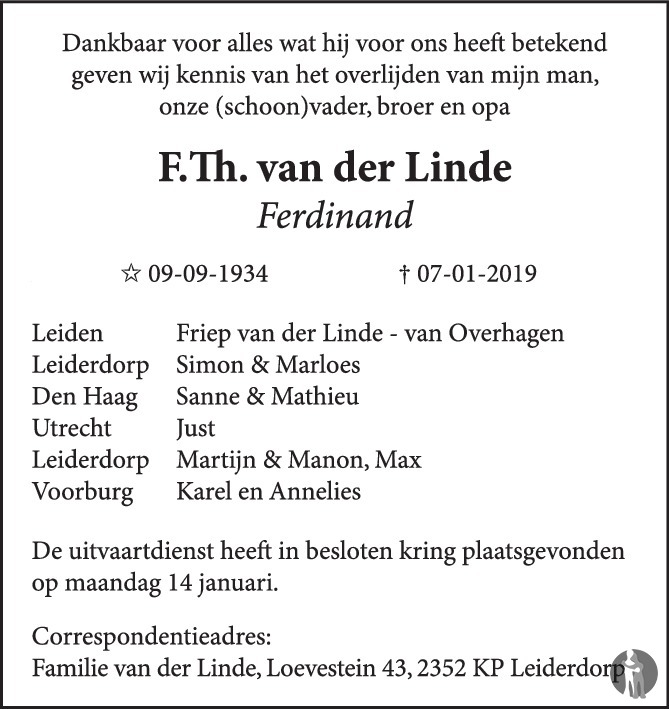 F. Th. (Ferdinand) van der Linde 07-01-2019 overlijdensbericht en ...