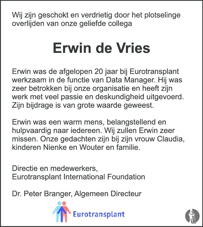 Erwin de Vries 16-01-2019 overlijdensbericht en condoleances - Mensenlinq.nl