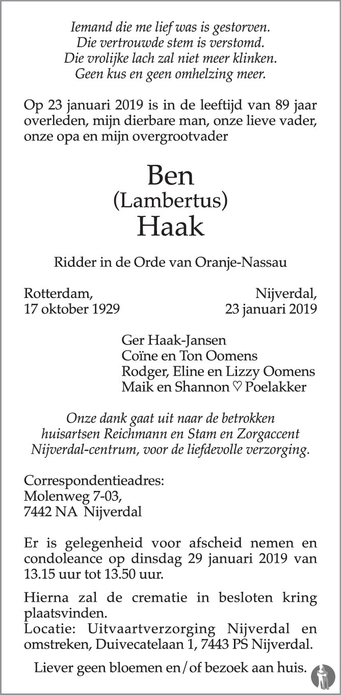 Lambertus (Ben) Haak 23-01-2019 overlijdensbericht en condoleances ...