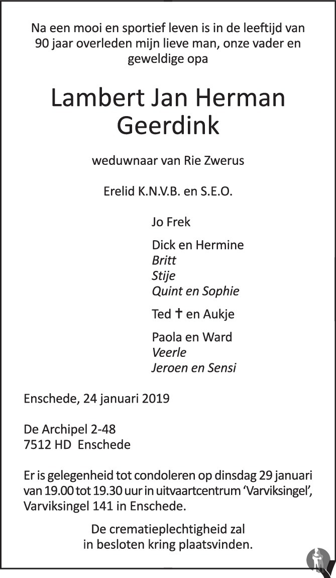 Lambert Jan Herman Geerdink 24-01-2019 overlijdensbericht en condoleances - Mensenlinq.nl