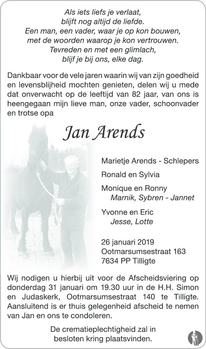 Jan Arends 26-01-2019 overlijdensbericht en condoleances - Mensenlinq.nl