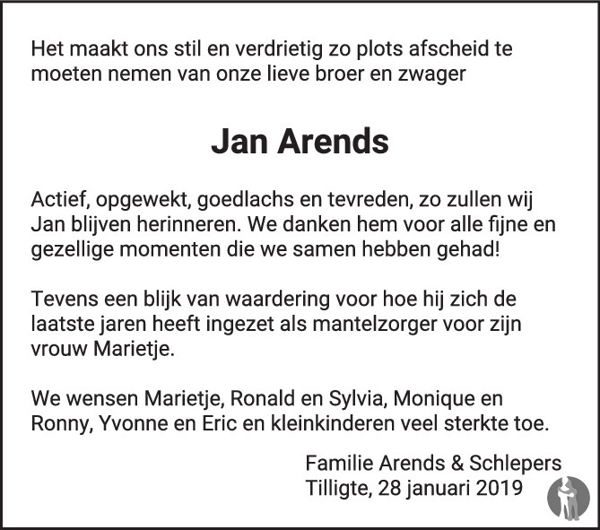 Jan Arends 26-01-2019 overlijdensbericht en condoleances - Mensenlinq.nl