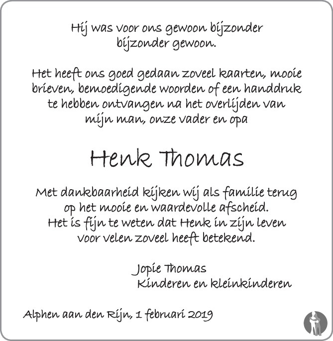 Henk Thomas 01-12-2018 overlijdensbericht en condoleances - Mensenlinq.nl