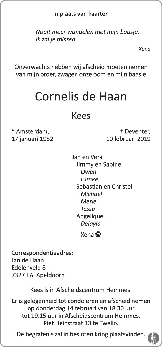 Cornelis (Kees) de Haan 10-02-2019 overlijdensbericht en condoleances ...
