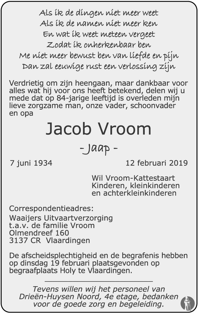 Jacob (Jaap) Vroom 12-02-2019 overlijdensbericht en condoleances ...