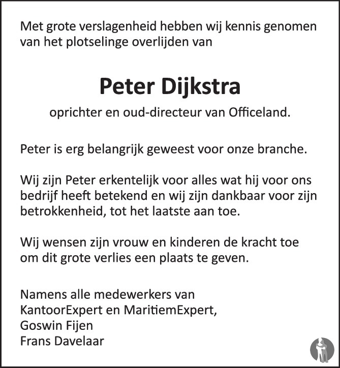Pieter Johan Taeke (Peter) Dijkstra 23-02-2019 overlijdensbericht en ...