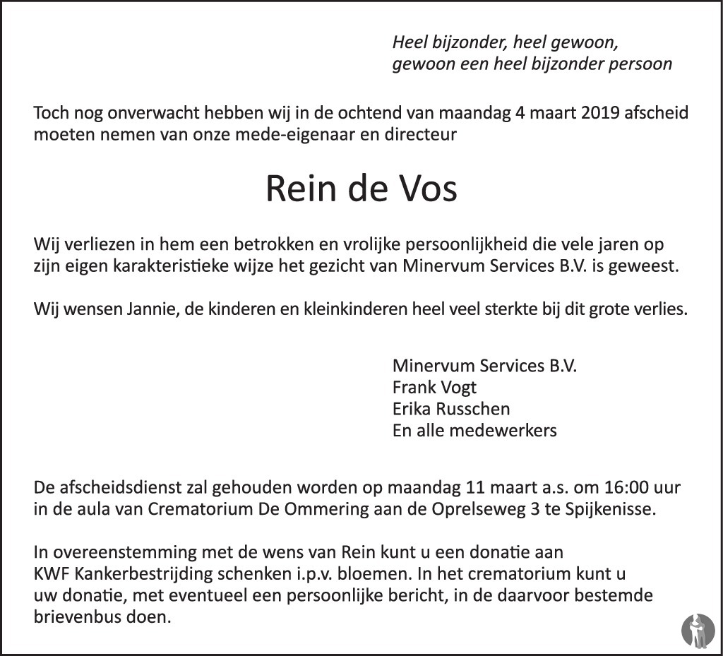 Rein de Vos 04-03-2019 overlijdensbericht en condoleances - Mensenlinq.nl