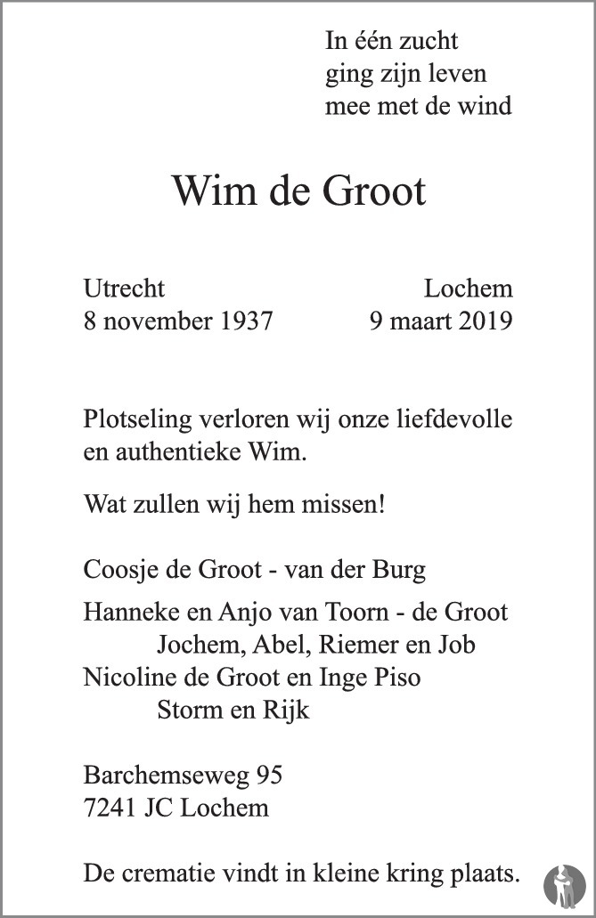 Wim de Groot 09-03-2019 overlijdensbericht en condoleances - Mensenlinq.nl