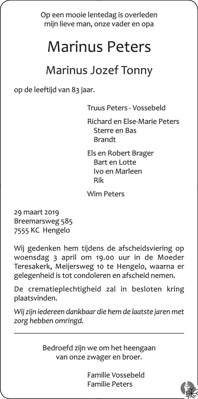 Marinus Jozef Tonny (Marinus) Peters 29-03-2019 overlijdensbericht en ...