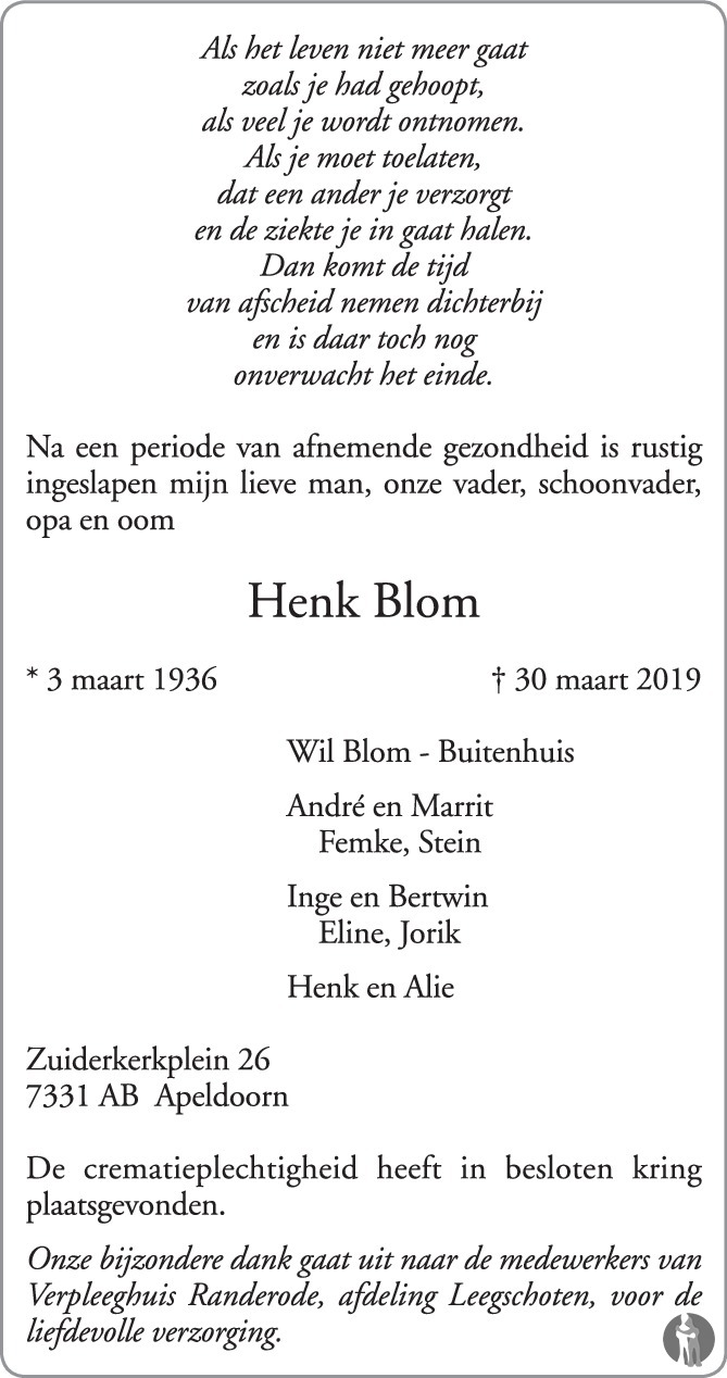 Henk Blom 30-03-2019 overlijdensbericht en condoleances - Mensenlinq.nl