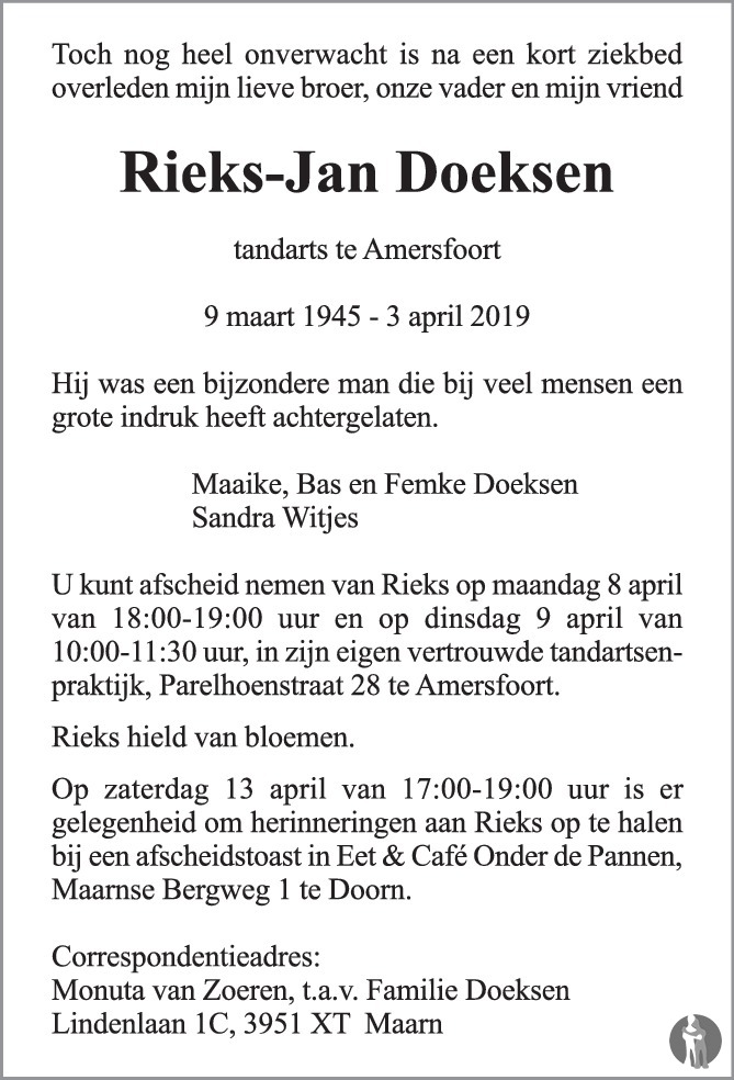 Rieks-Jan Doeksen 03-04-2019 overlijdensbericht en condoleances ...