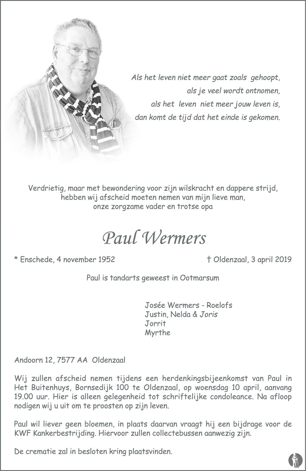 Paul Wermers 03-04-2019 overlijdensbericht en condoleances - Mensenlinq.nl