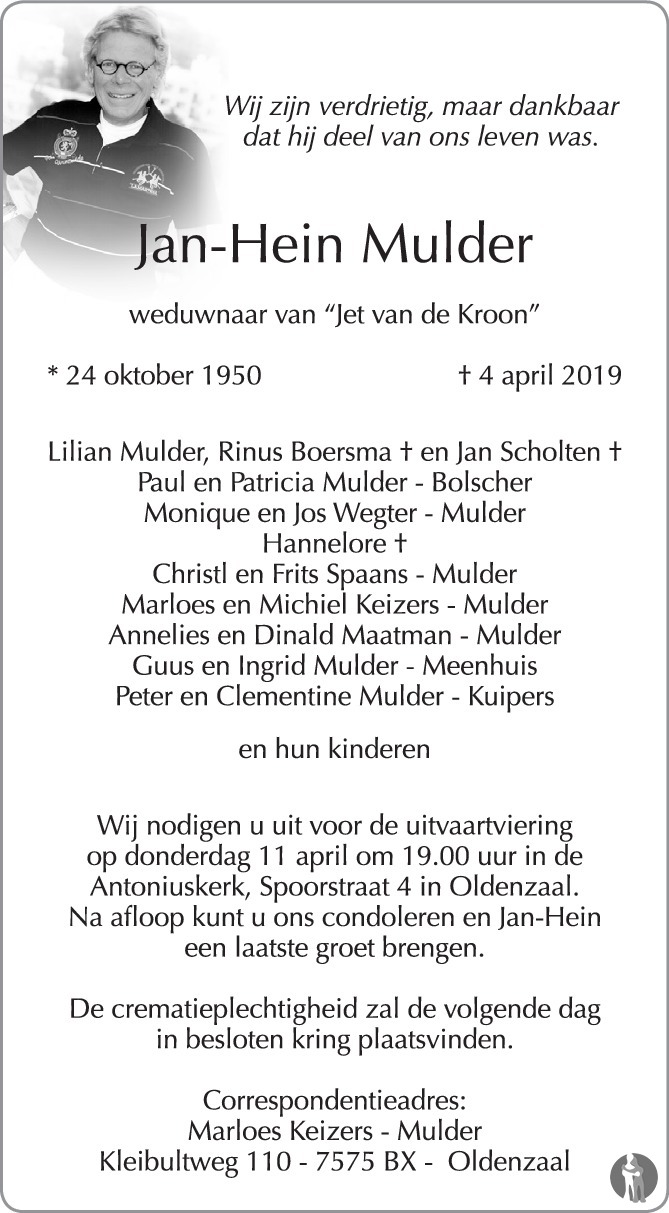 Jan-Hein Mulder 04-04-2019 overlijdensbericht en condoleances ...
