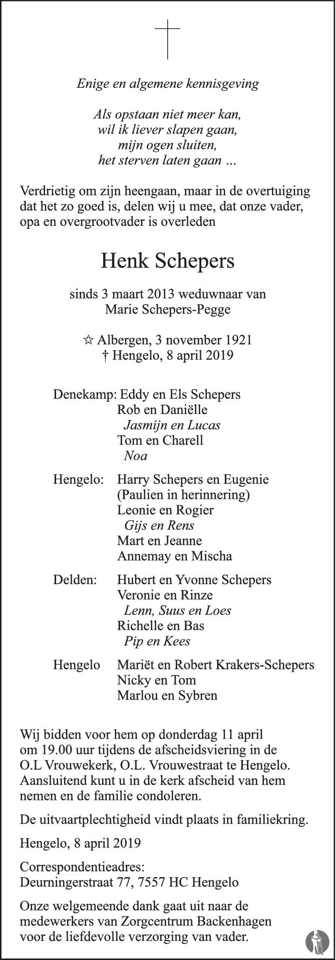 Henk Schepers 08-04-2019 overlijdensbericht en condoleances - Mensenlinq.nl