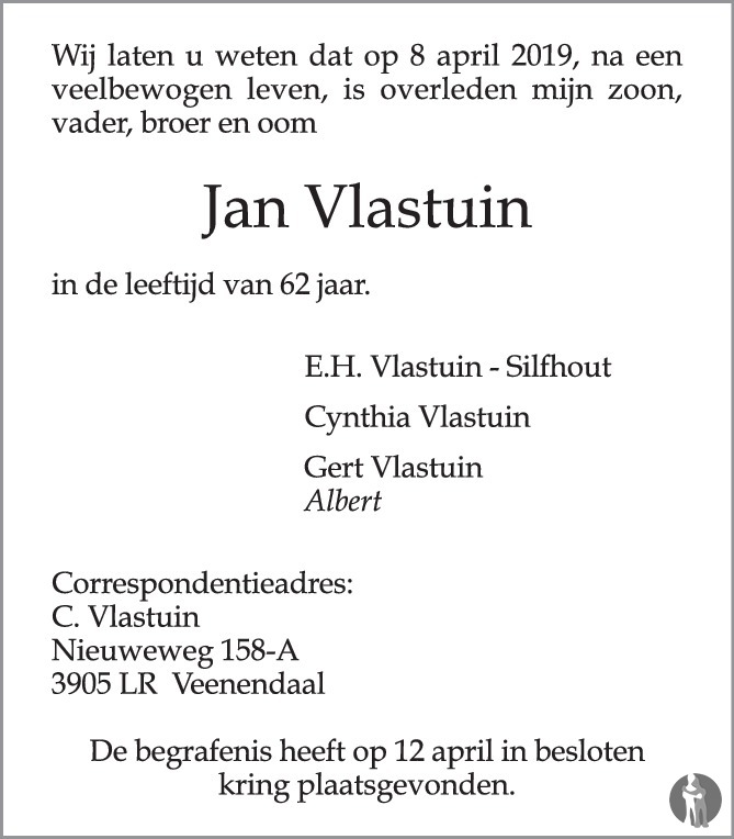 Jan Vlastuin 08-04-2019 overlijdensbericht en condoleances - Mensenlinq.nl