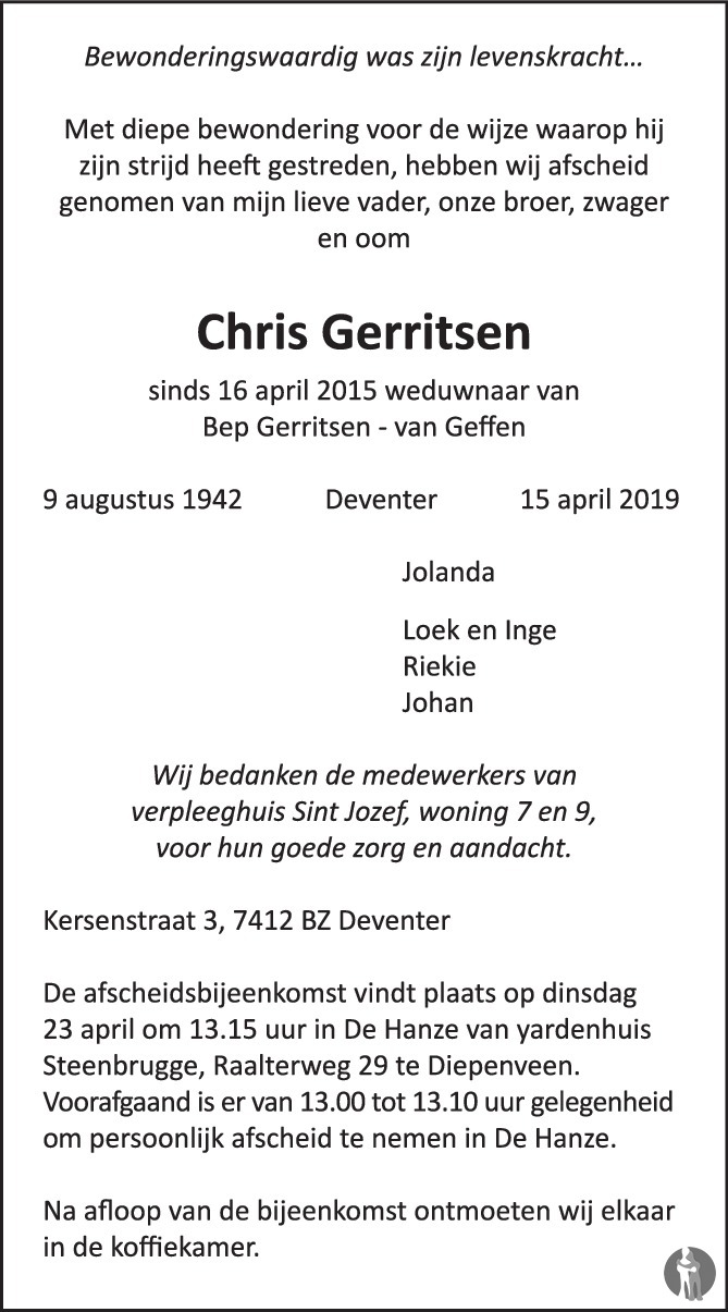 Chris Gerritsen 15-04-2019 overlijdensbericht en condoleances ...