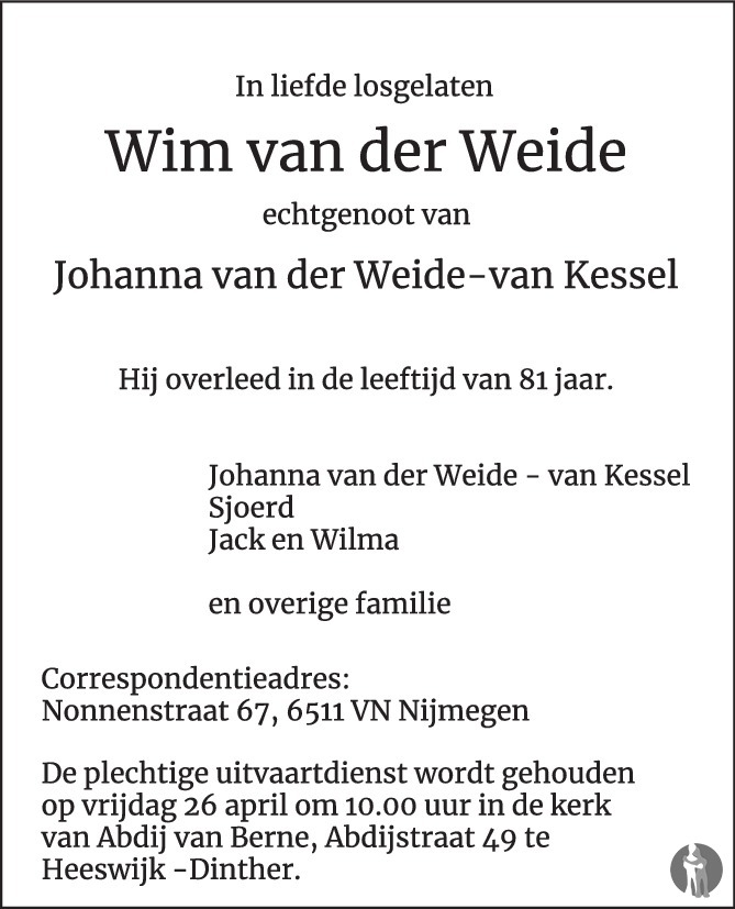 Wim van der Weide 22-04-2019 overlijdensbericht en condoleances ...