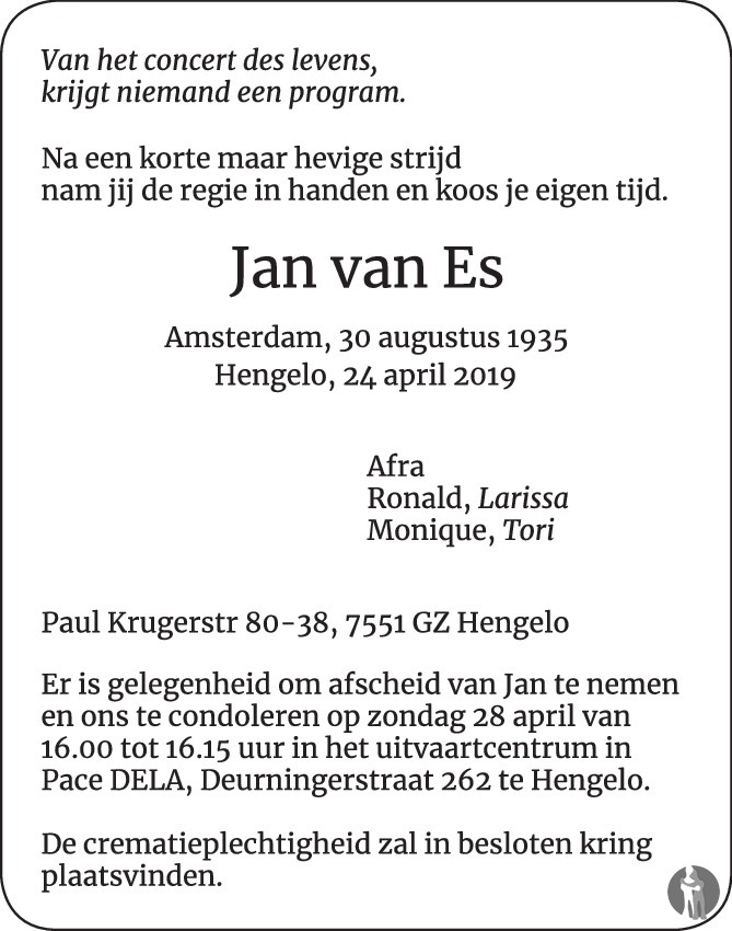 Jan van Es 24-04-2019 overlijdensbericht en condoleances - Mensenlinq.nl