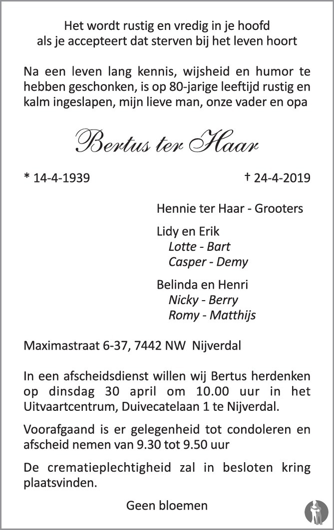 Bertus ter Haar 24-04-2019 overlijdensbericht en condoleances ...