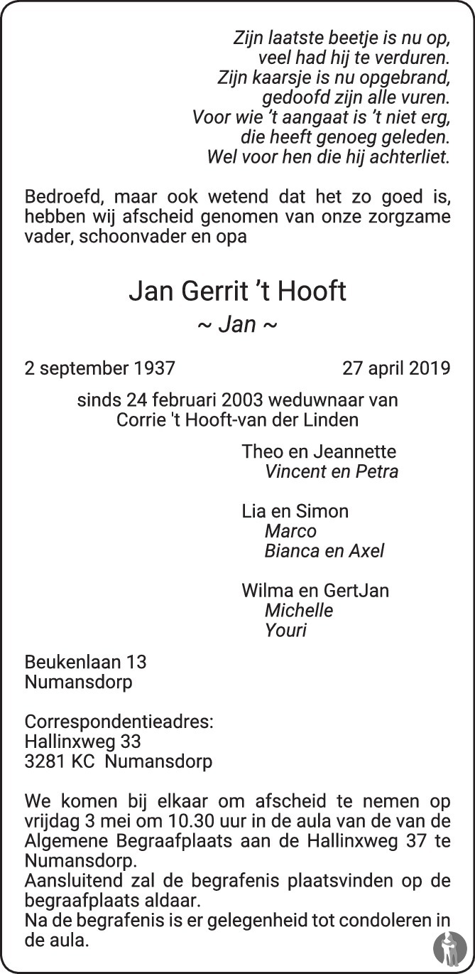 Jan Gerrit (Jan) 't Hooft 27-04-2019 overlijdensbericht en condoleances ...