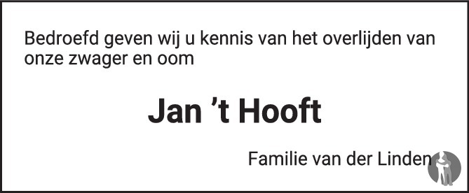 Jan Gerrit (Jan) 't Hooft 27-04-2019 overlijdensbericht en condoleances ...