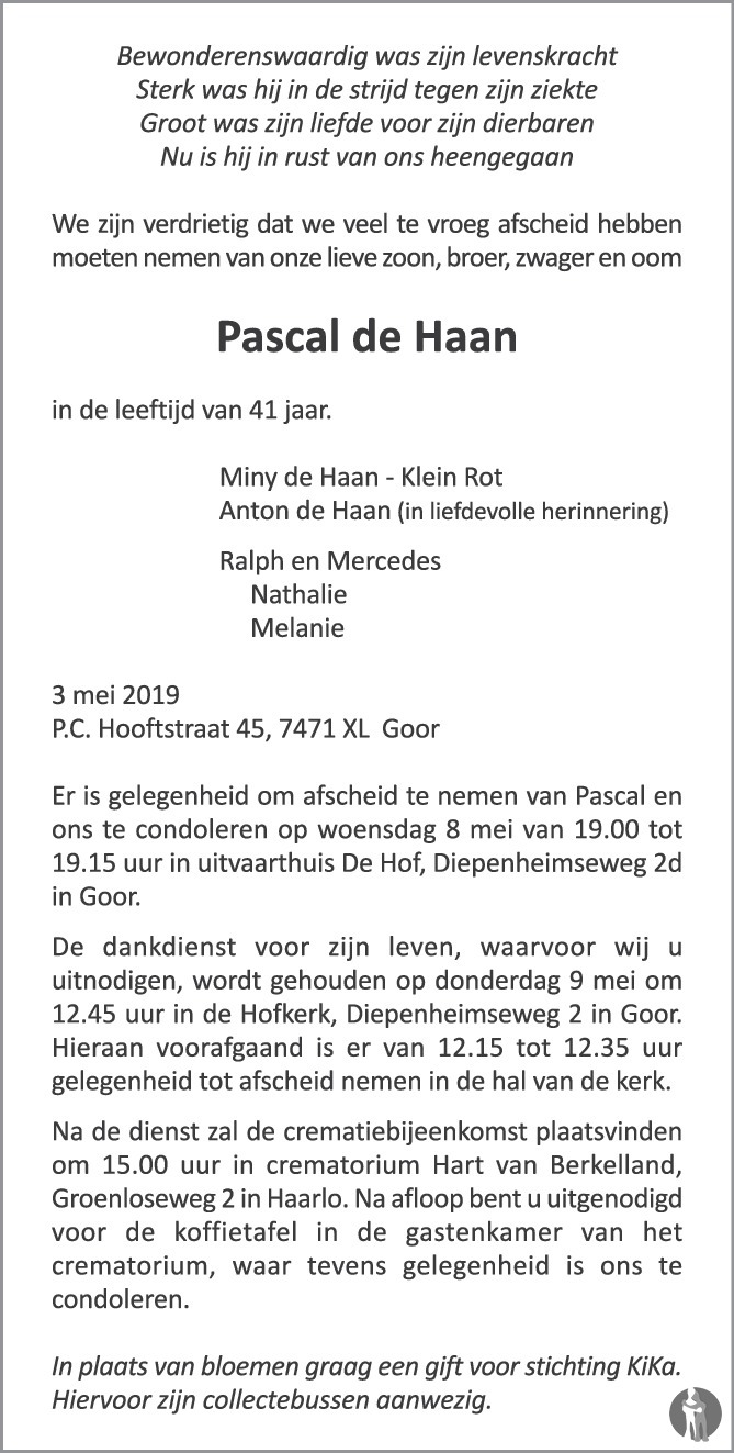 Pascal de Haan 03-05-2019 overlijdensbericht en condoleances ...