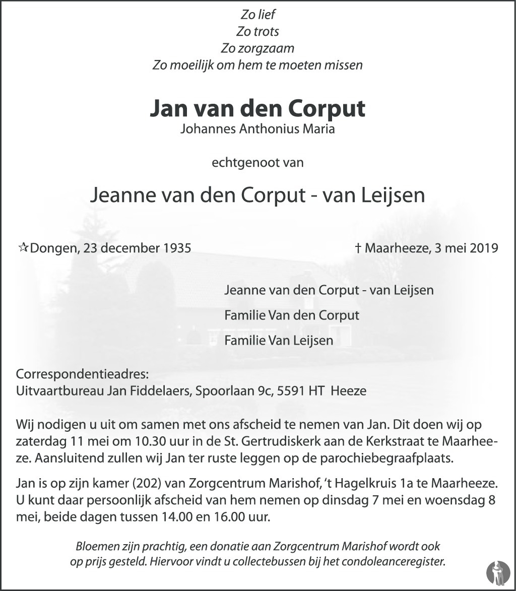 Johannes Antonius Maria (Jan) van den Corput 03-05-2019 ...