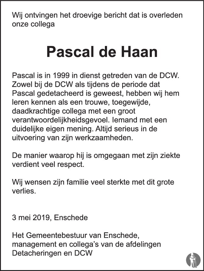 Pascal de Haan 03-05-2019 overlijdensbericht en condoleances ...