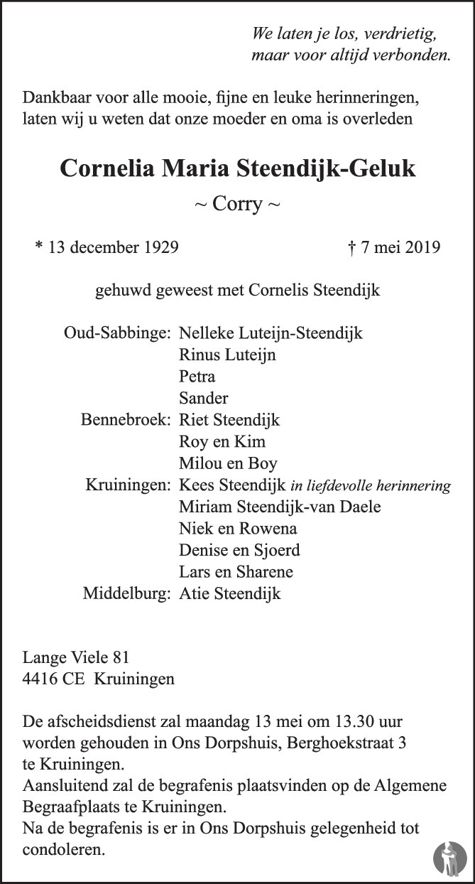 Cornelia Maria (Corry) Steendijk - Geluk 07-05-2019 overlijdensbericht ...