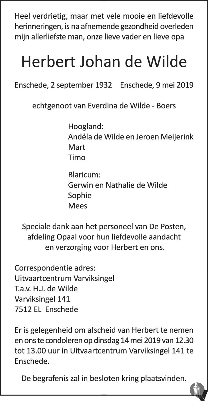 Herbert Johan de Wilde 09-05-2019 overlijdensbericht en condoleances ...